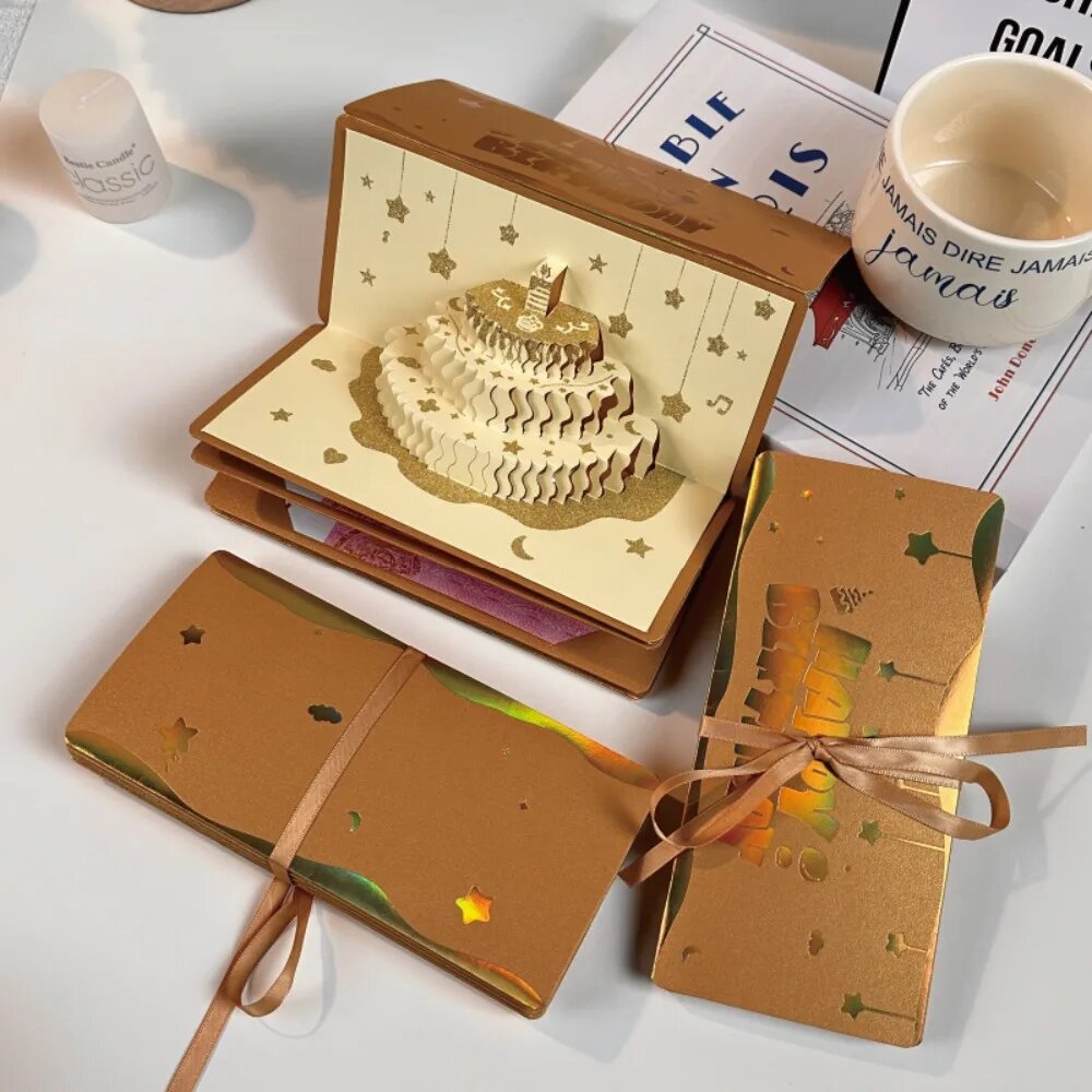 3D открытка-конверт-торт золотой without Music Light