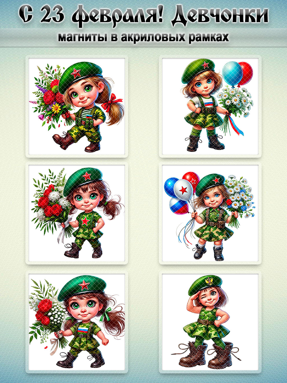 Магниты на холодильник "С 23 февраля! Девчонки.". Набор из 6 штук.