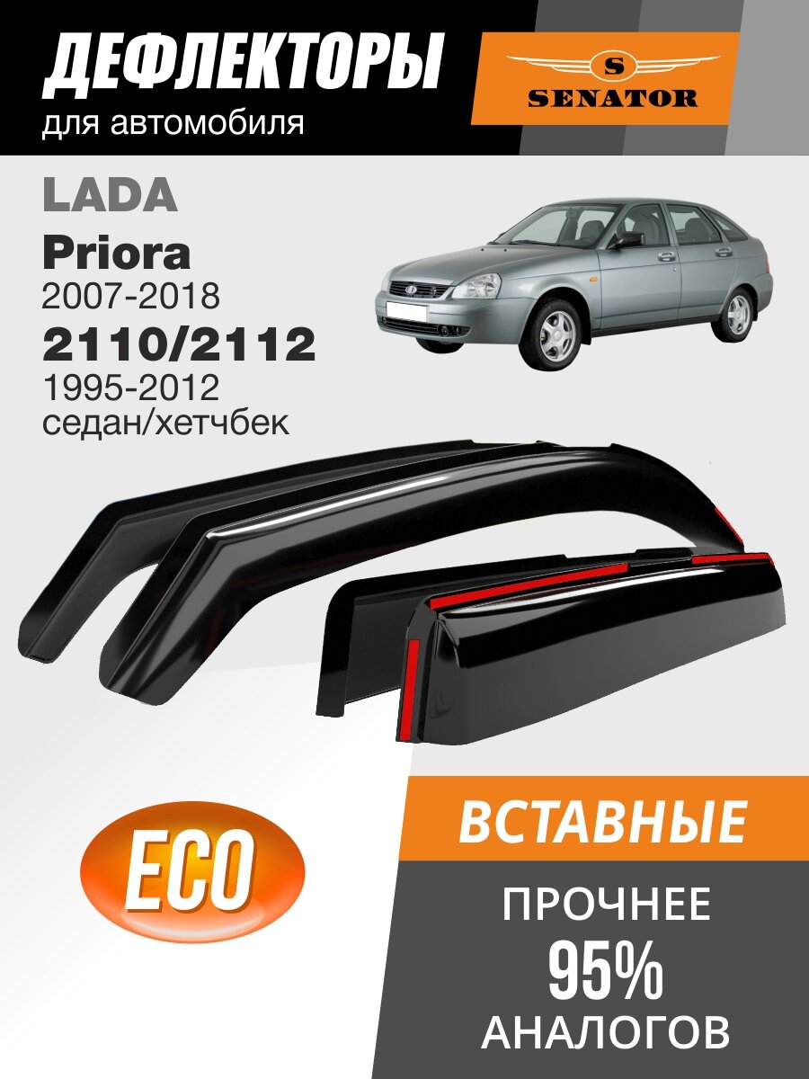 Дефлекторы окон SENATOR Eco Lada Priora Лада Приора (2007-2018 г. в.), ветровики Лада ВАЗ 2110/2112 (1995-2014 г. в.) седан/хетчбек, вставные, 4шт