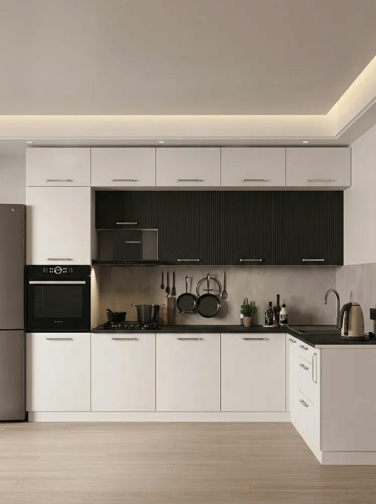 Кухонный гарнитур (кухня) Аврора Вертикаль угловой 3,0х1,8м МДФ Миксы, графит софт/белый софт без столешницы