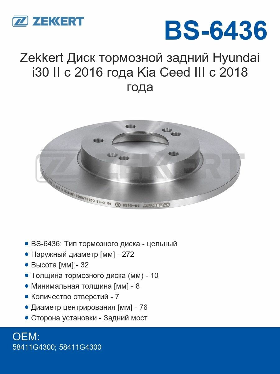 Zekkert Диск тормозной задний Hyundai i30 II с 2016 года Kia Ceed III с 2018 года