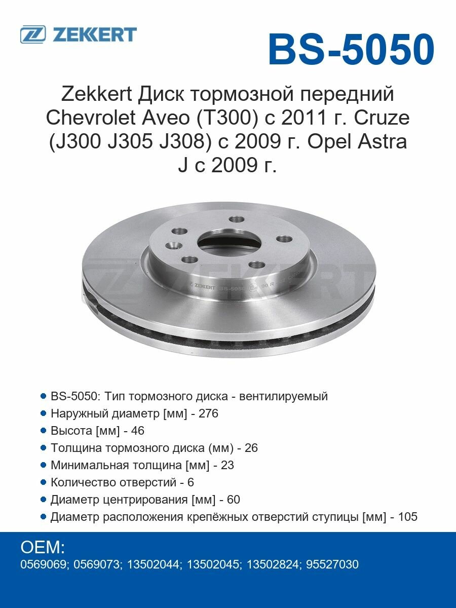 Zekkert Диск тормозной передний Chevrolet Aveo (T300) с 2011 г. Cruze (J300 J305 J308) с 2009 г. Opel Astra J с 2009 г.