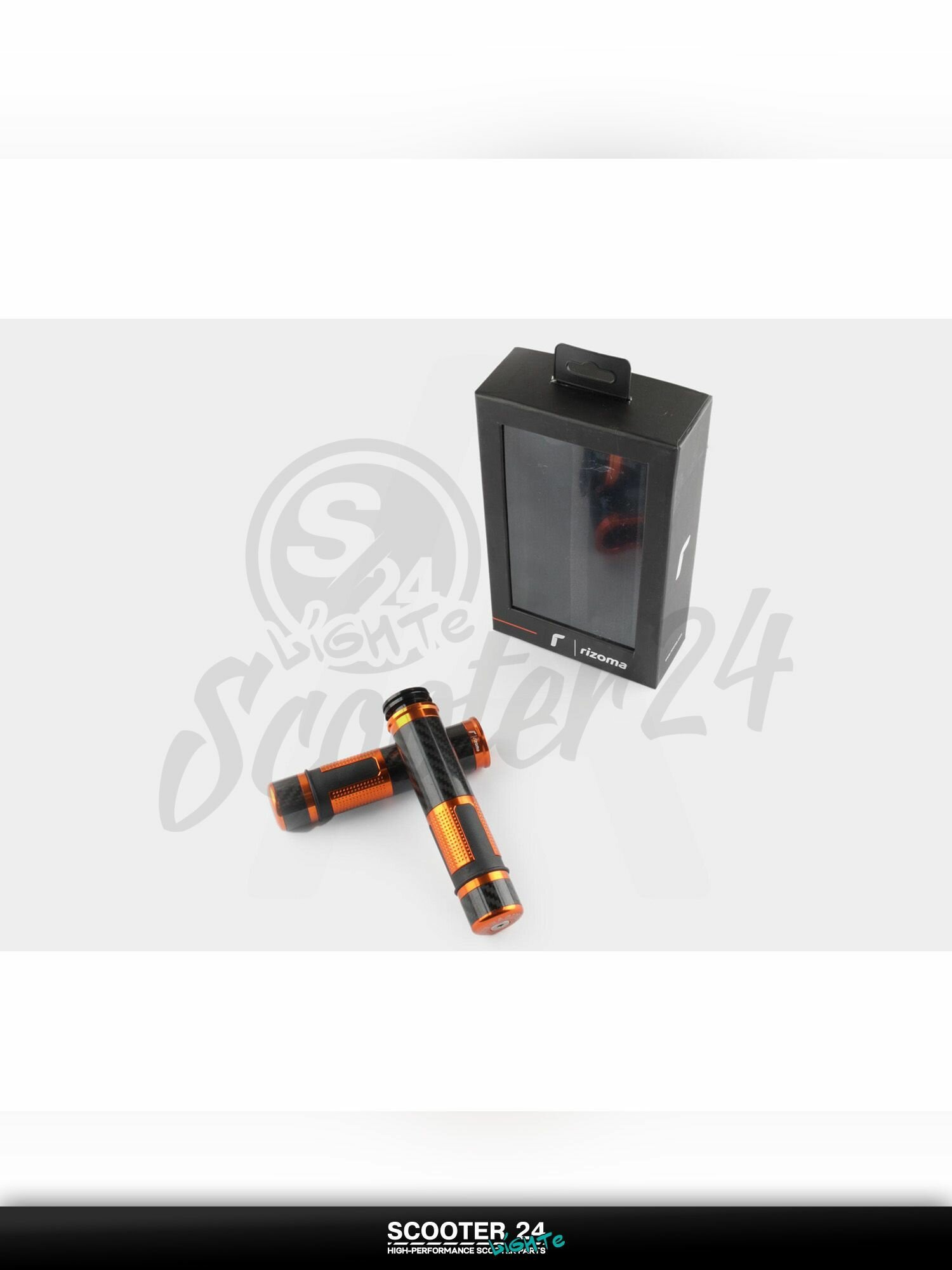 Грипсы (ручки руля) универсальные на мотоцикл / мопед питбайк и эндуро / скутер квадроцикл карбон с алюм. отбойником (оранжевые) "RIZOMA"