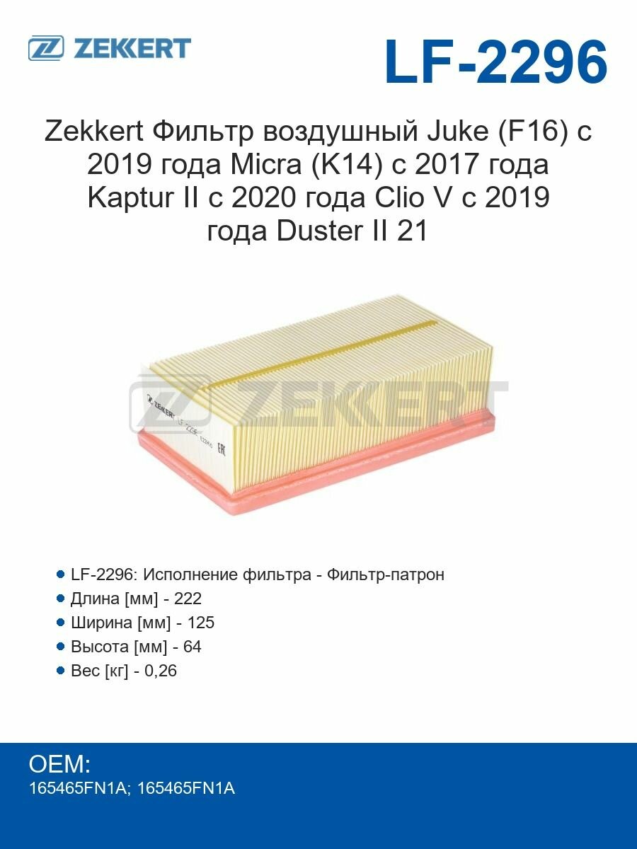 Zekkert Фильтр воздушный Juke (F16) с 2019 года Micra (K14) с 2017 года Kaptur II с 2020 года Clio V с 2019 года Duster II 21