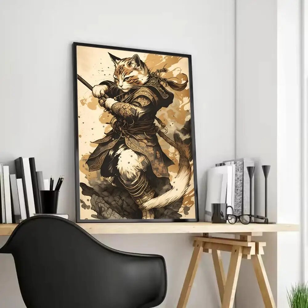 Холст "Самурайский кот" 40x50см, Черный