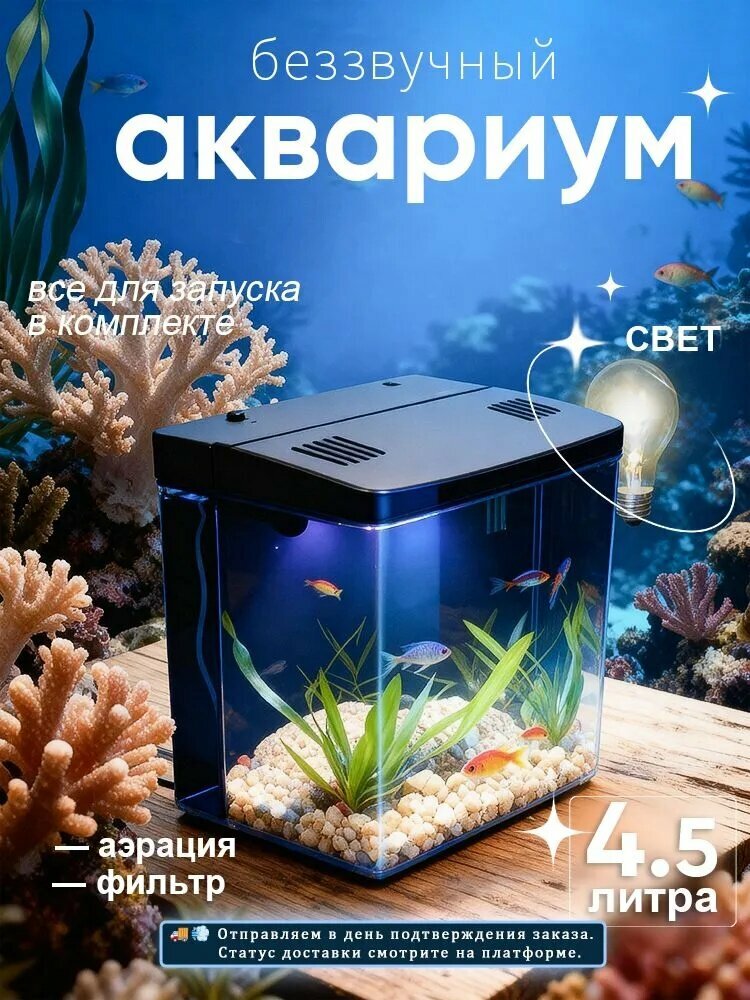 ZNOE Аквариум с рыбками, С фильтром и подсветкой,20*15*20CM