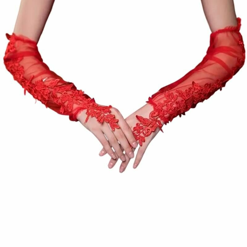 Женские ажурные перчатки без пальцев, Красные цветы