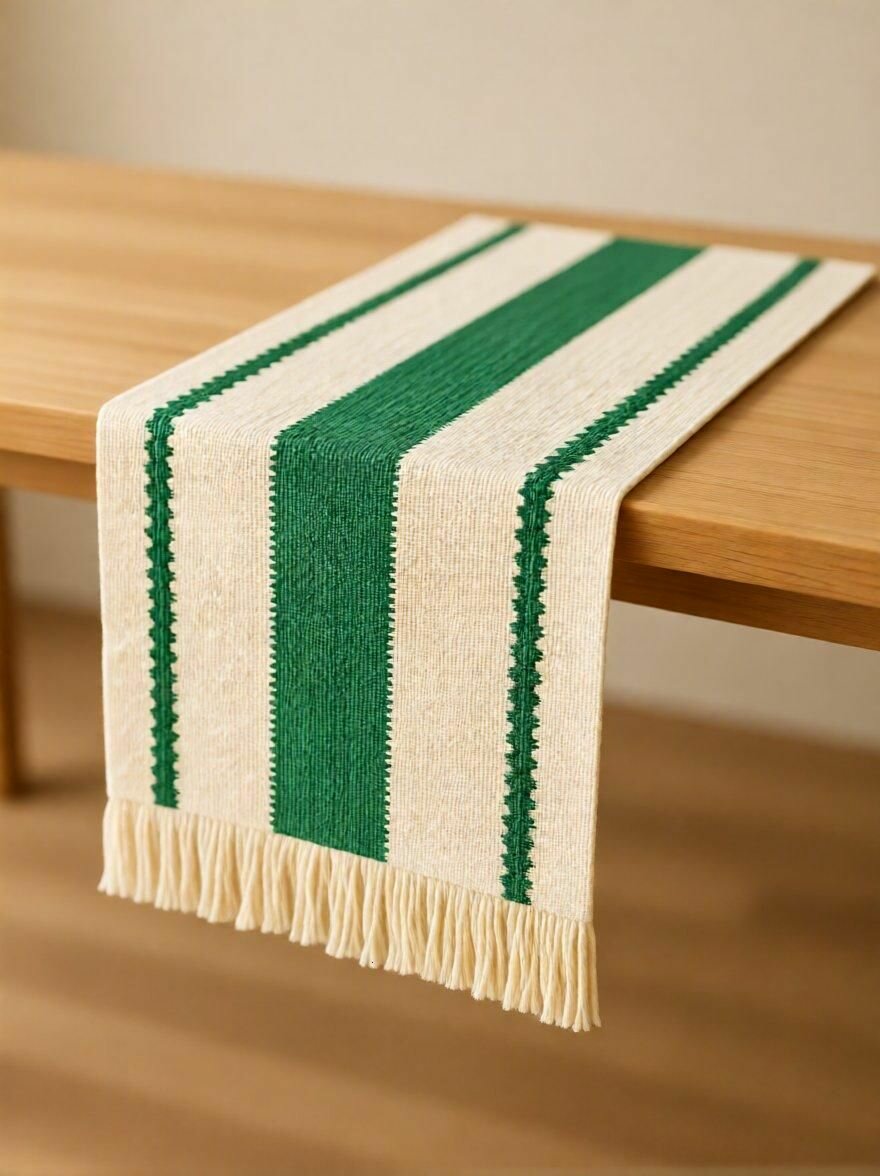 Полиэстеровый дорожка для стола с ретро узором, - Зеленое на зеленом