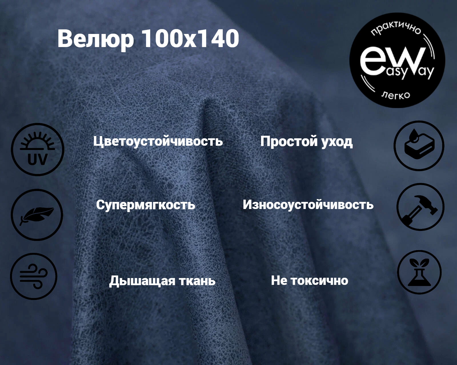 Ткань мебельная Арбен DAKOTA Denim велюр, синяя, 100% полиэстер, 140x1 п. м