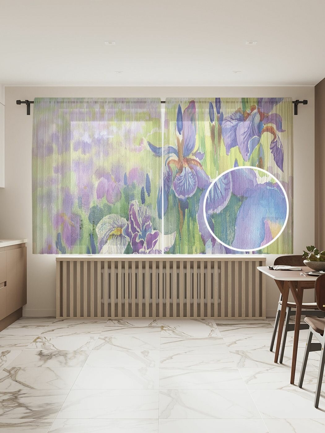 Тюль, фототюль короткий JoyArty "Акварельные ирисы" высота 180 см, ширина 145 см (2 полотна) на шторной ленте, крючки в комплекте