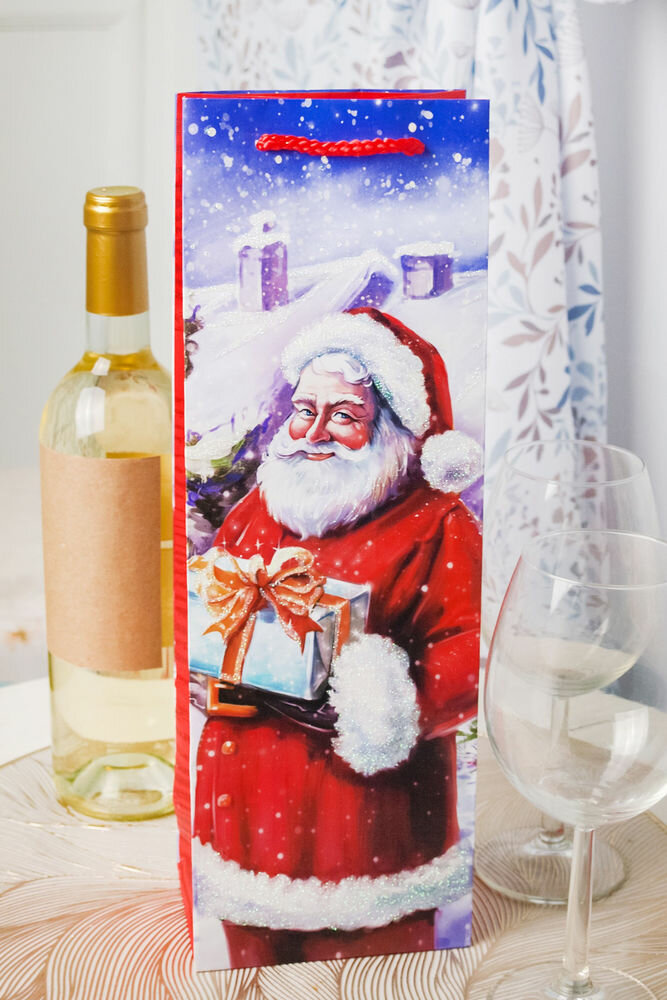 Подарочный пакет для бутылки вместе С сантой: поздравим, бумага, 36х12 см, Due Esse Christmas XNA16004001-3