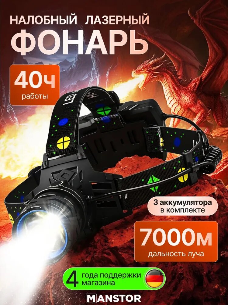 Фонарь налобный аккумуляторный светодиодный / мощный / лазерный / яркий