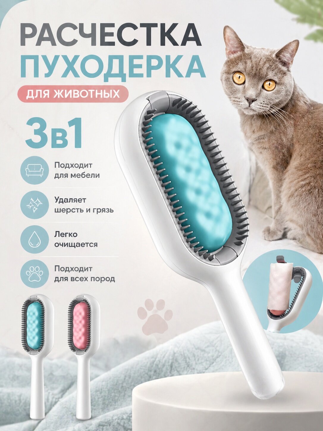 Расческа для кошек и собак Дешеддер и пуходерка Щетка для чистки мебели, голубая