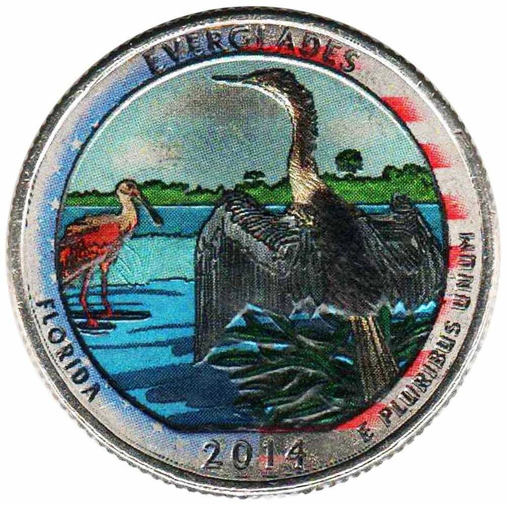 025p Монета США 2014 год 25 центов Эверглейдс Вариант №2 Медь-Никель COLOR. Цветная