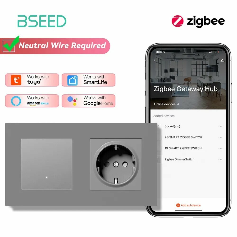 Умный выключатель с розеткой c Алисой Zigbee, , Пластиковая рамка, Серия E - CLICK