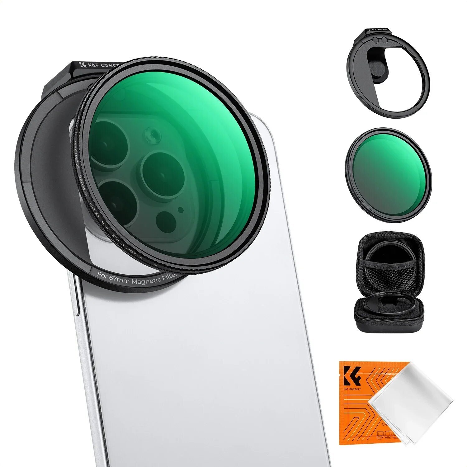 Комплект магнитных фильтров K&F CONCEPT Clip On 67mm Variable ND2-32 для телефона с магнитным адаптером и креплением Cold Shoe, с фиксирующей ручкой