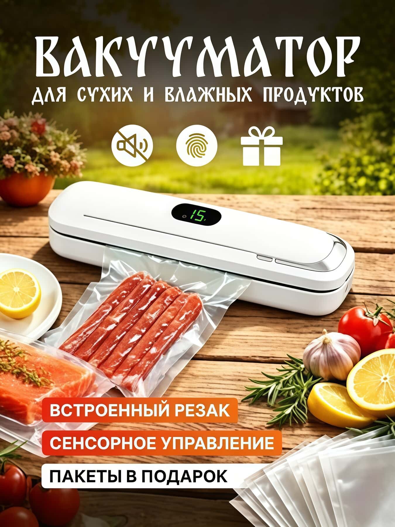 Вакууматор для продуктов без резака, с пакетами, вакуумный упаковщик