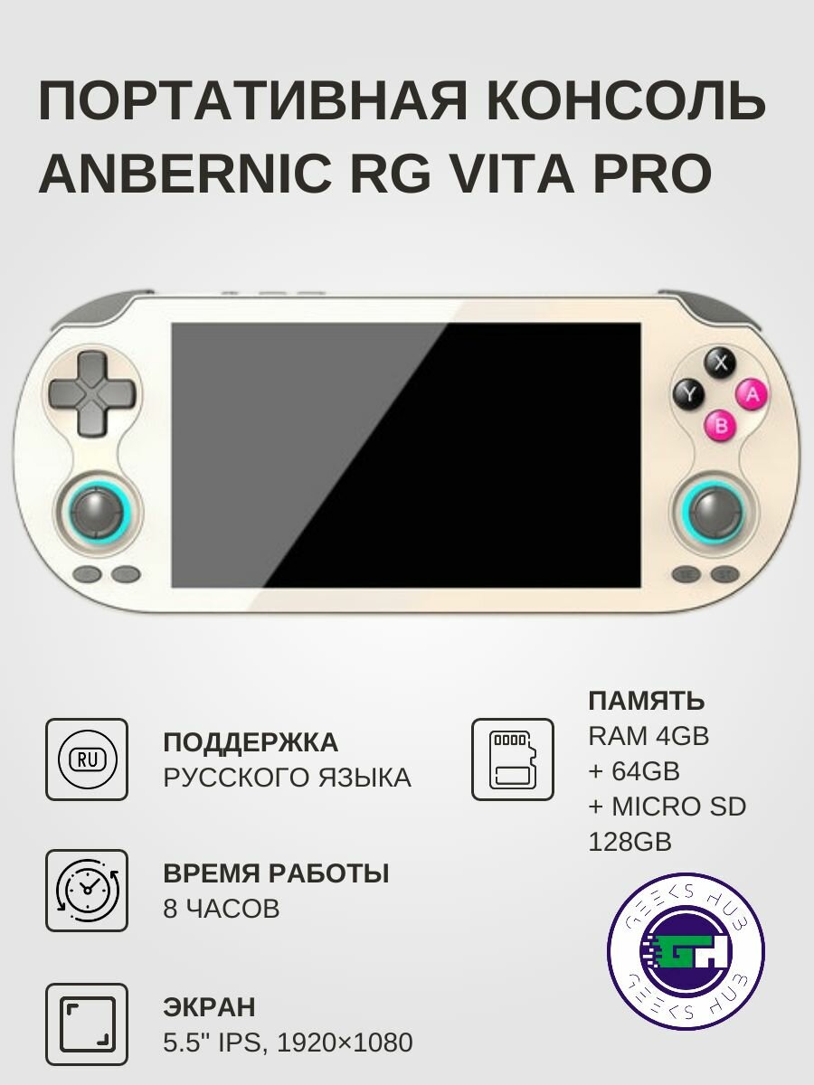 Портативная игровая приставка ANBERNIC RG VITA Pro, светло-серая, с картой microSD на 128 ГБ