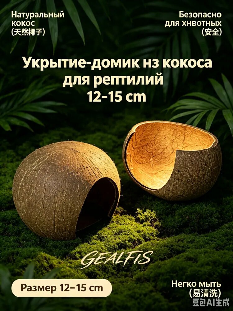 Укрытие (домик) из кокоса для рептилий в террариум 12-15 см