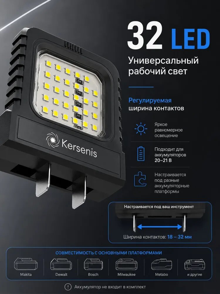 Kersenis аккумуляторный LED рабочий фонарь 20-21В для аккумуляторов Makita / DeWalt / Milwaukee / Fengbao, компактный универсальный светильник