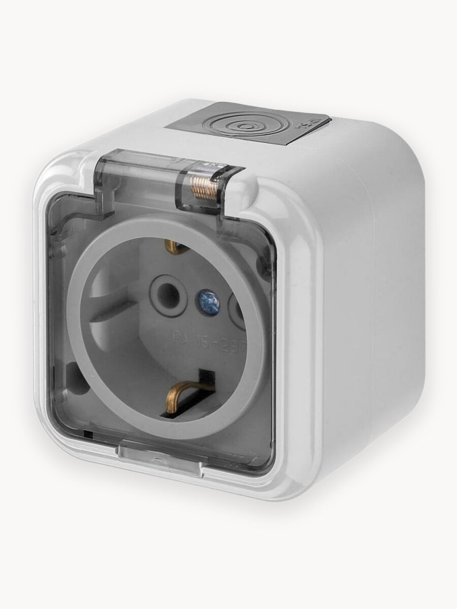 Розетка 1-ая (открытая, с/з, брызг. защ.) серая, Пралеска Аква, Bylectrica (IP54 пылебрызгозащищенные, прозрачная крышка) (РА16-297(02)) (BYLECTRICA)