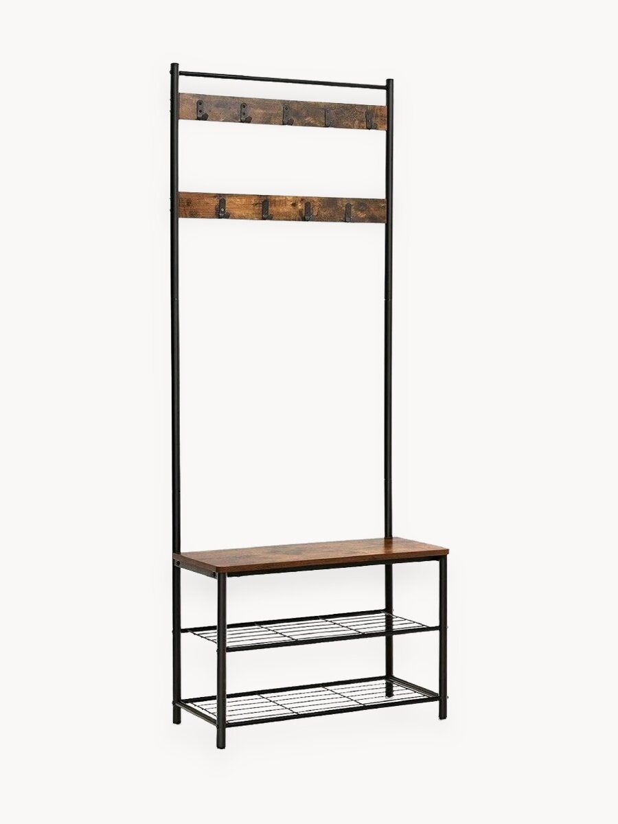 Вешалка напольная 70х32х175 см, Лофт, металл, полка для обуви, 80 кг, HSR41BX, коричнево-черная