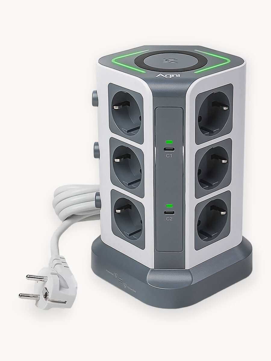 Сетевой фильтр AGNI, башня, 12 розеток, 3 USB, 2 TYPE C, беспроводная зарядка, 2 м