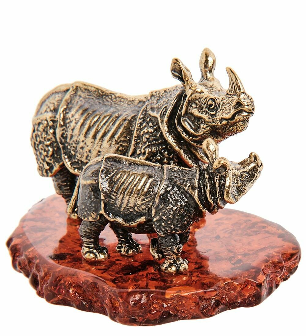 Фигурка Носорог Отец c сын (латунь, янтарь) A2163865 Народные промыслы бронзовый