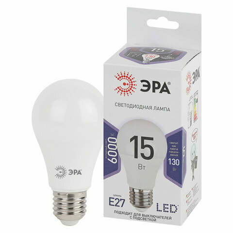 Лампа светодиодная ЭРА STD, 15 (130) Вт, цоколь E27, груша, холодный белый свет, 35000 ч, LED A60-15W-860-E27, Б0031396