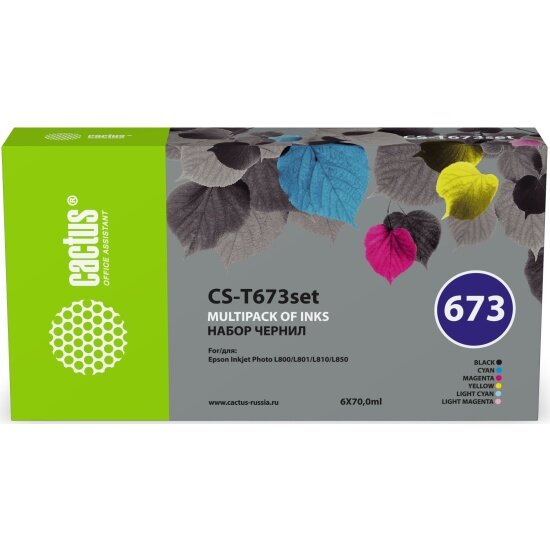 Чернила Cactus CS-T673set 673 черный/голубой/пурпурный/желтый/светло-голубой/светло-пурпурный набор 6x70мл для Epson Inkjet Photo L800/L801/L810/L850