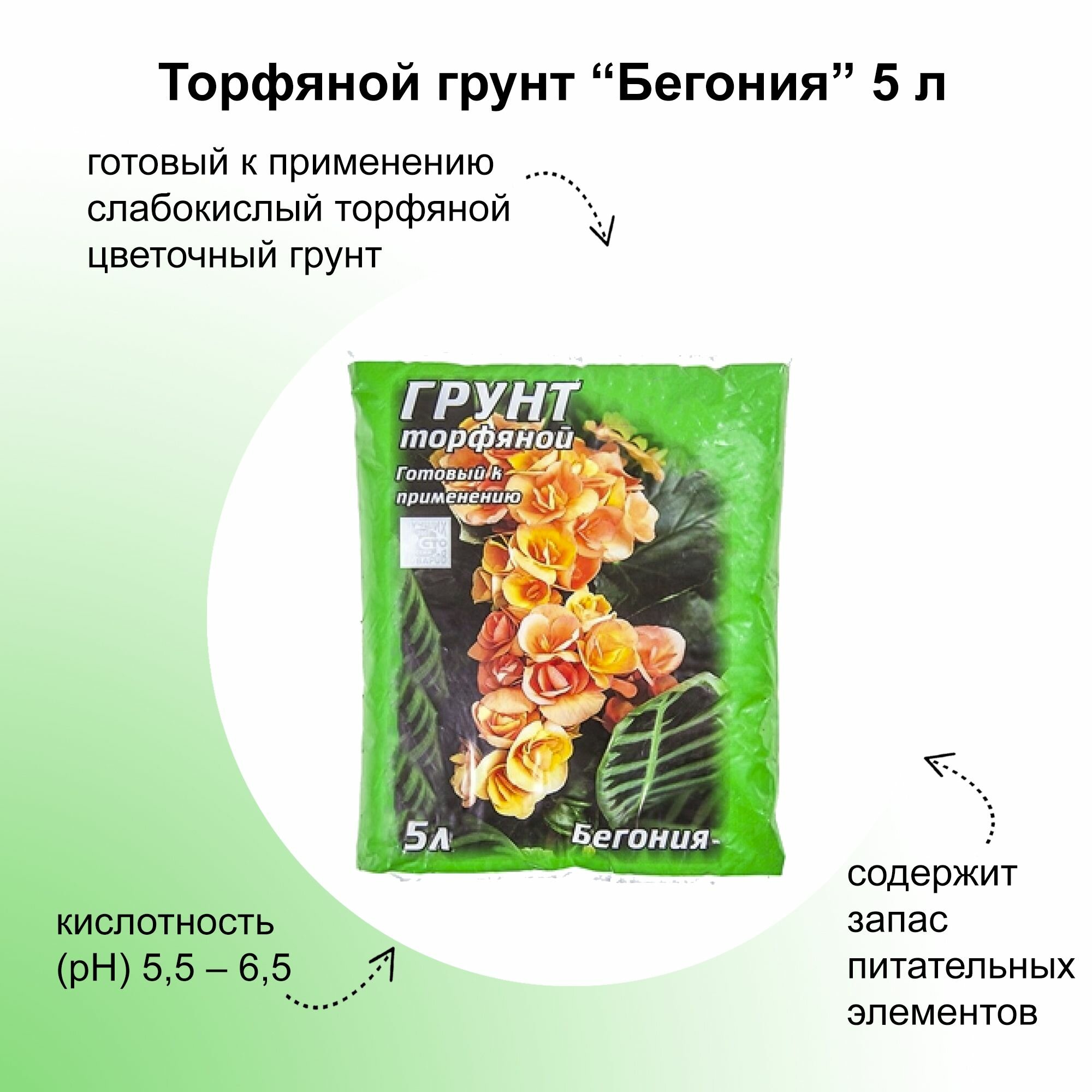 Торфяной грунт Бегония 5 л. Готовый к применению слабокислый торфяной цветочный грунт. Предназначен для выращивания в комнатных условиях бегонии