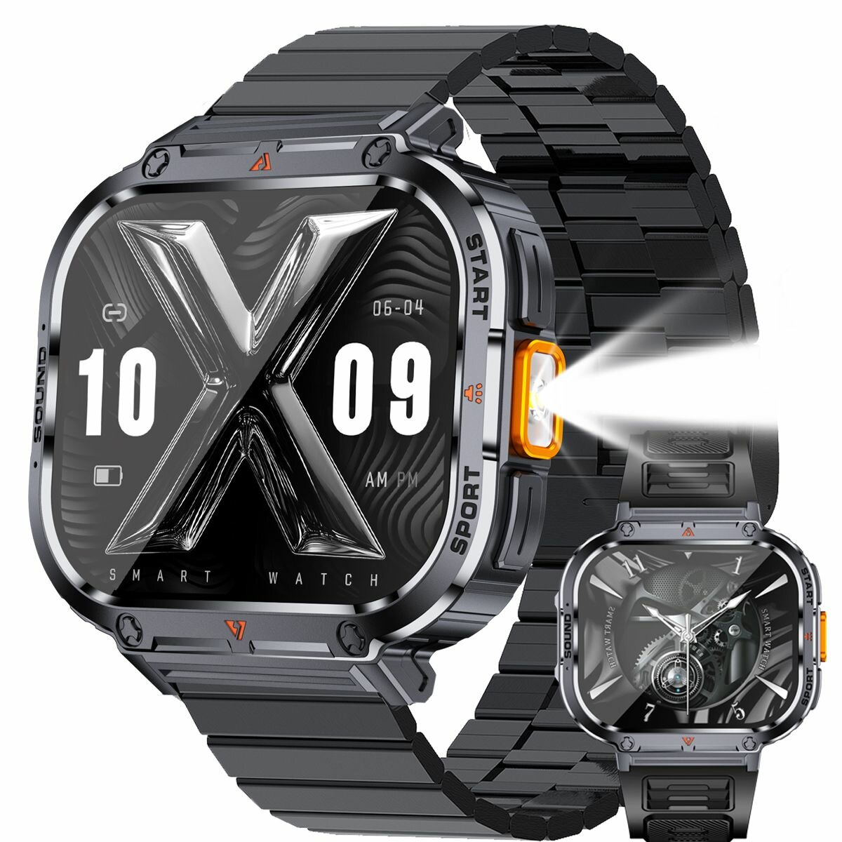 Часы смарт мужские smart watch 2.01'большой экран, Оксиметрия сердечного ритма, фитнес трекер, Светодиодный фонарик для iOS Android