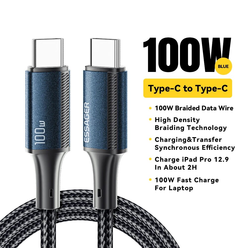 Essager USB Type C к USB C-кабелю 100 Вт/5 А PD, зарядное устройство для быстрой зарядки, 1m, blue