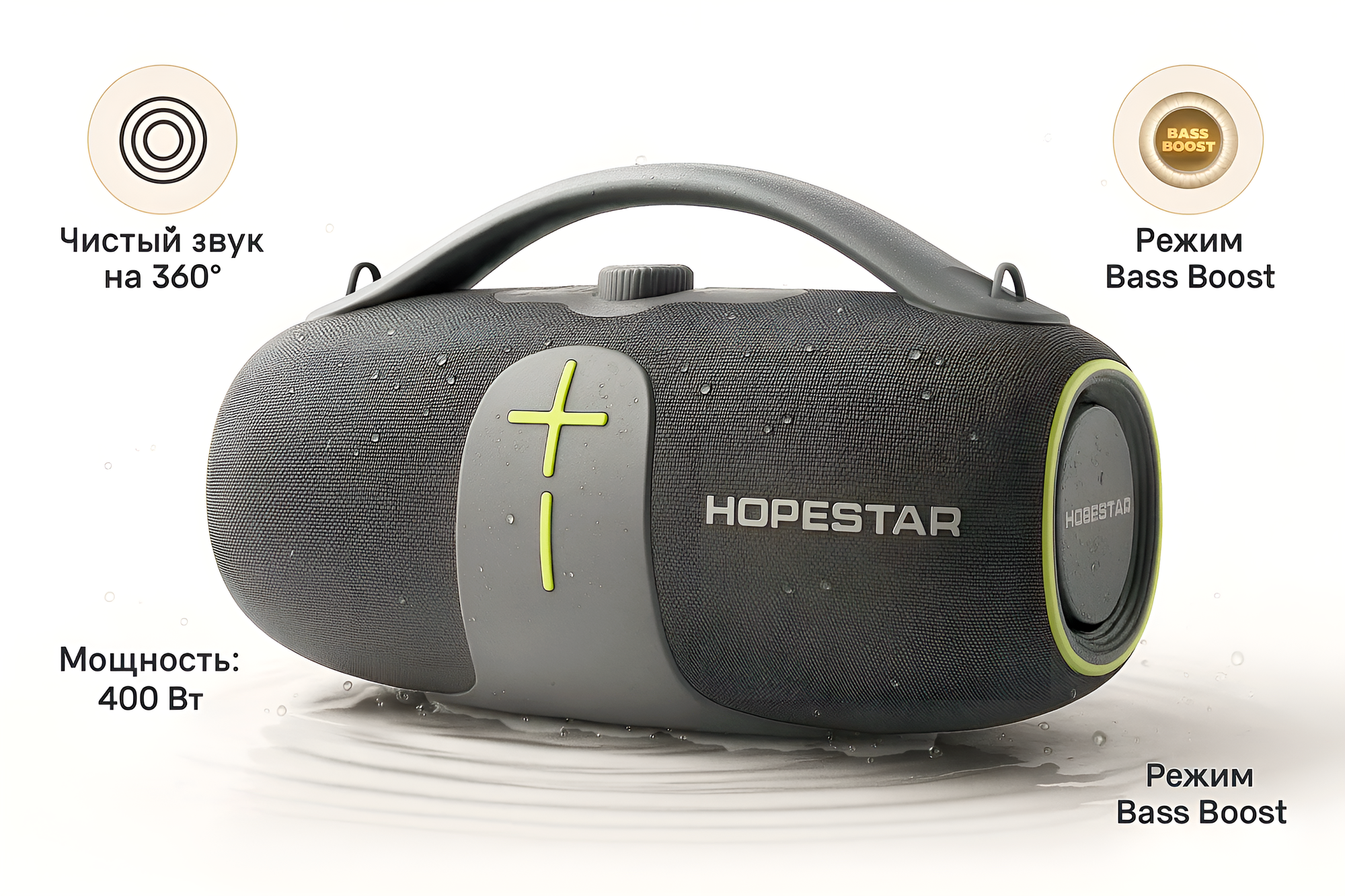 Портативная колонка Zaplex, Bluetooth, до 24ч работы, влагозащита, с микрофоном? серый 400Вт