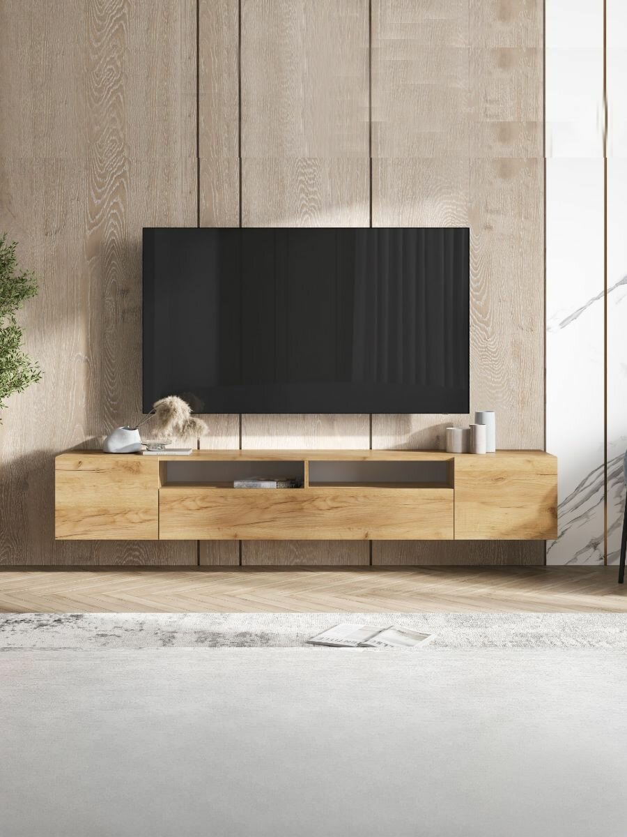 Тумба ТВ МИФ Сити 2000х330х346, для дома, дачи, гостиной, Дуб крафт