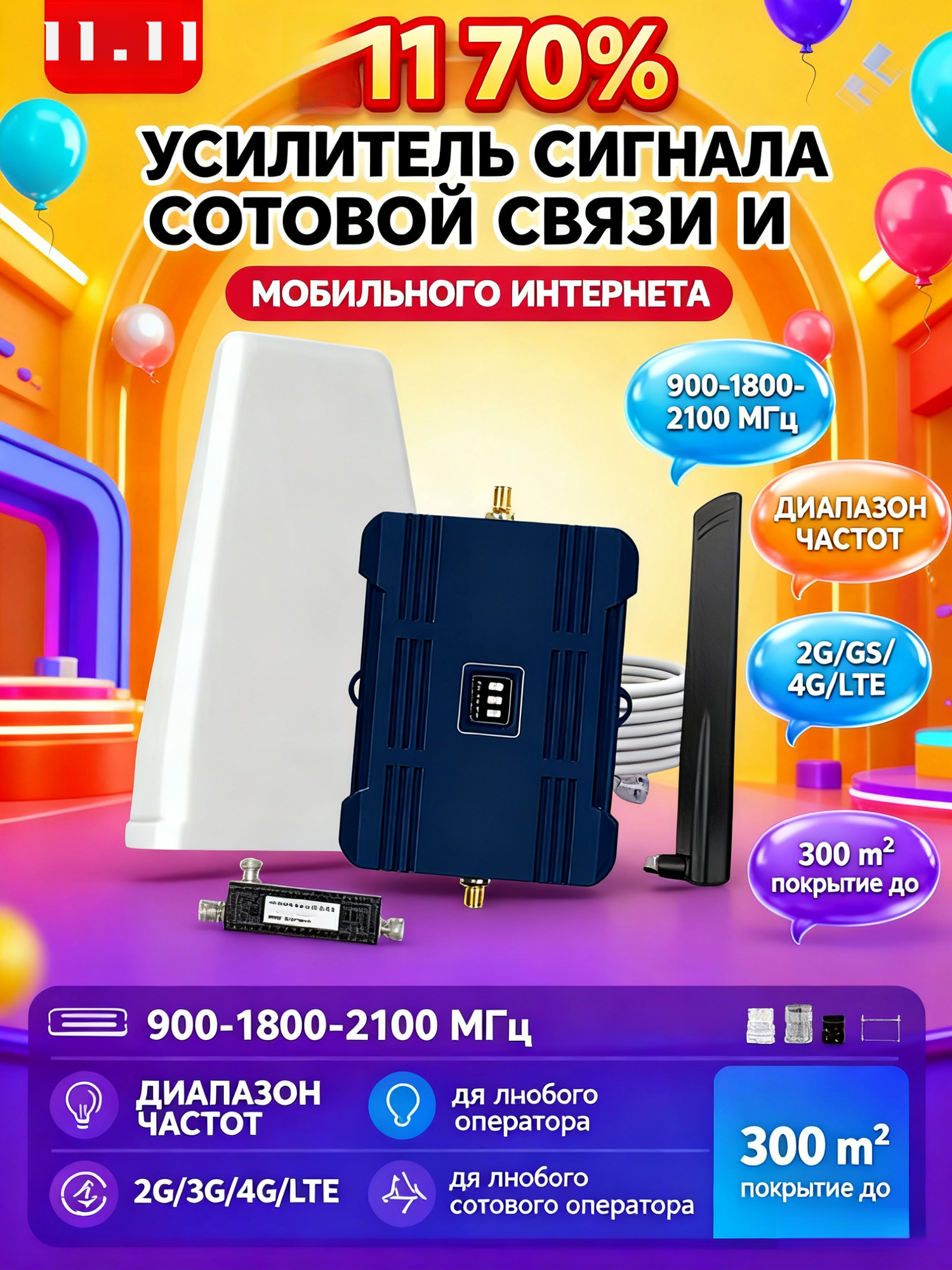 Усилитель сигнала для передачи данных в диапазоне 3G 4G 5G LTE для всех операторов Wi-Fi, МТС, Мегафон, Билайн