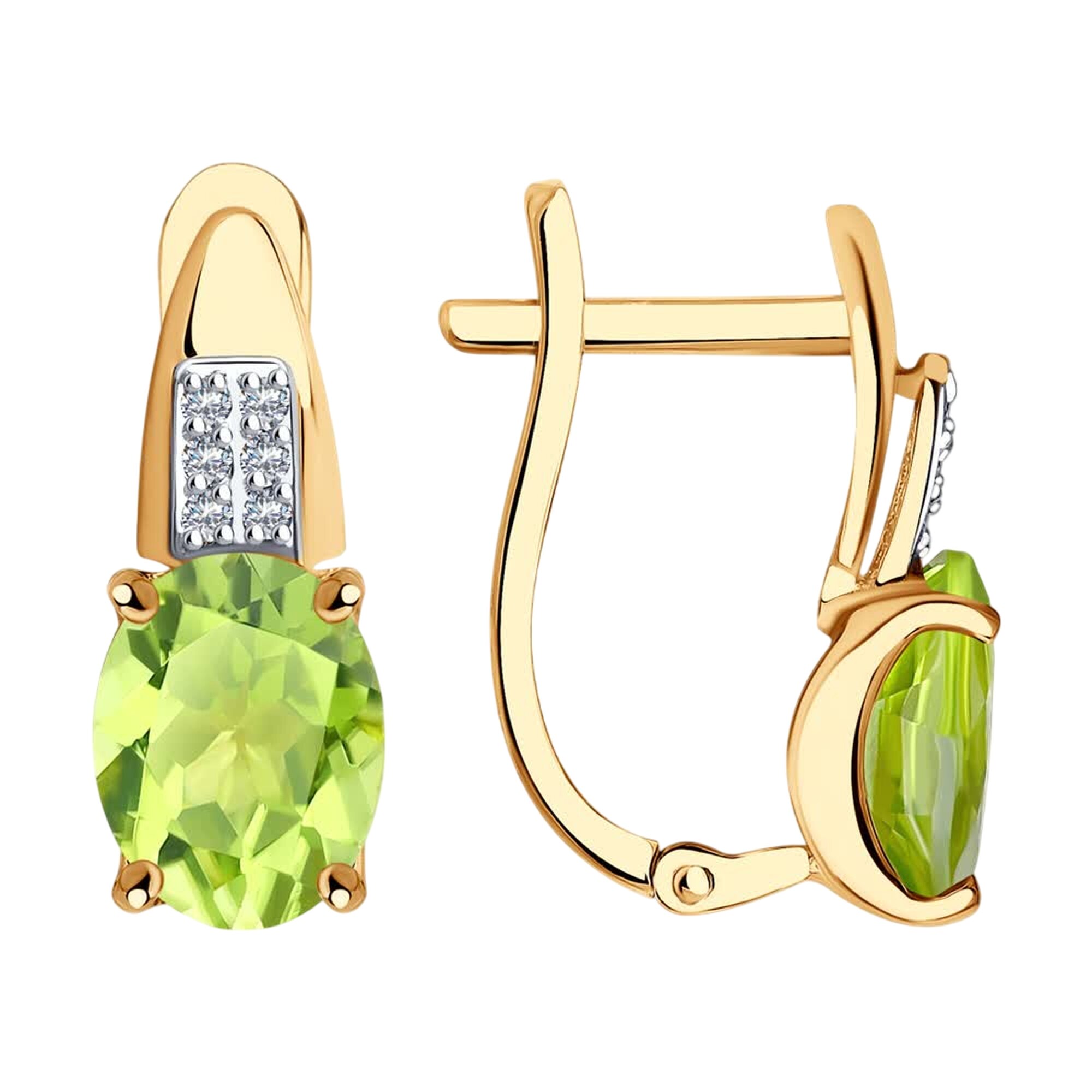 Серьги, красное золото, 585 проба, хризолит, фианит