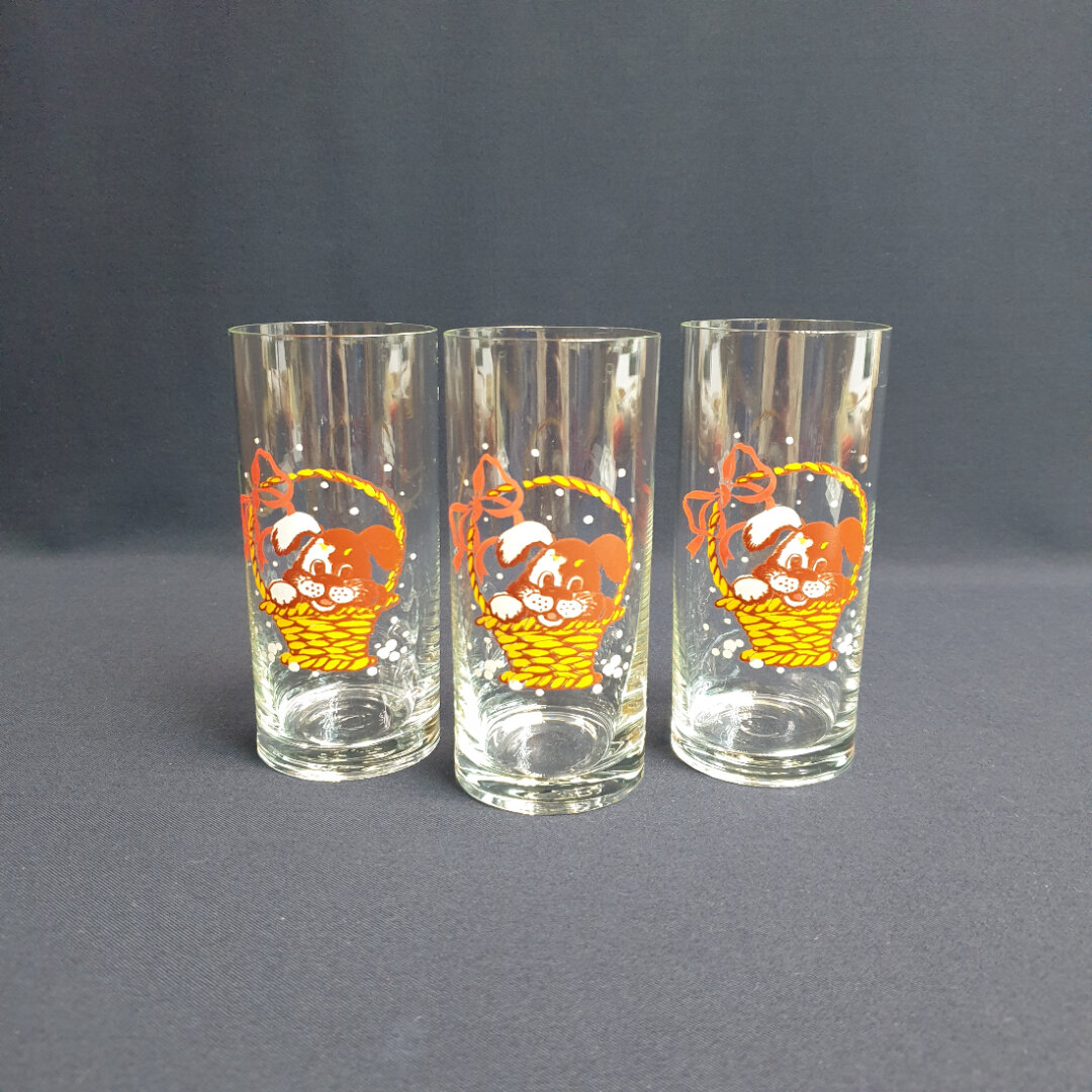 Набор из 3 стаканов, стекло деколь 250 мл, высота 14 см. винтаж СССР