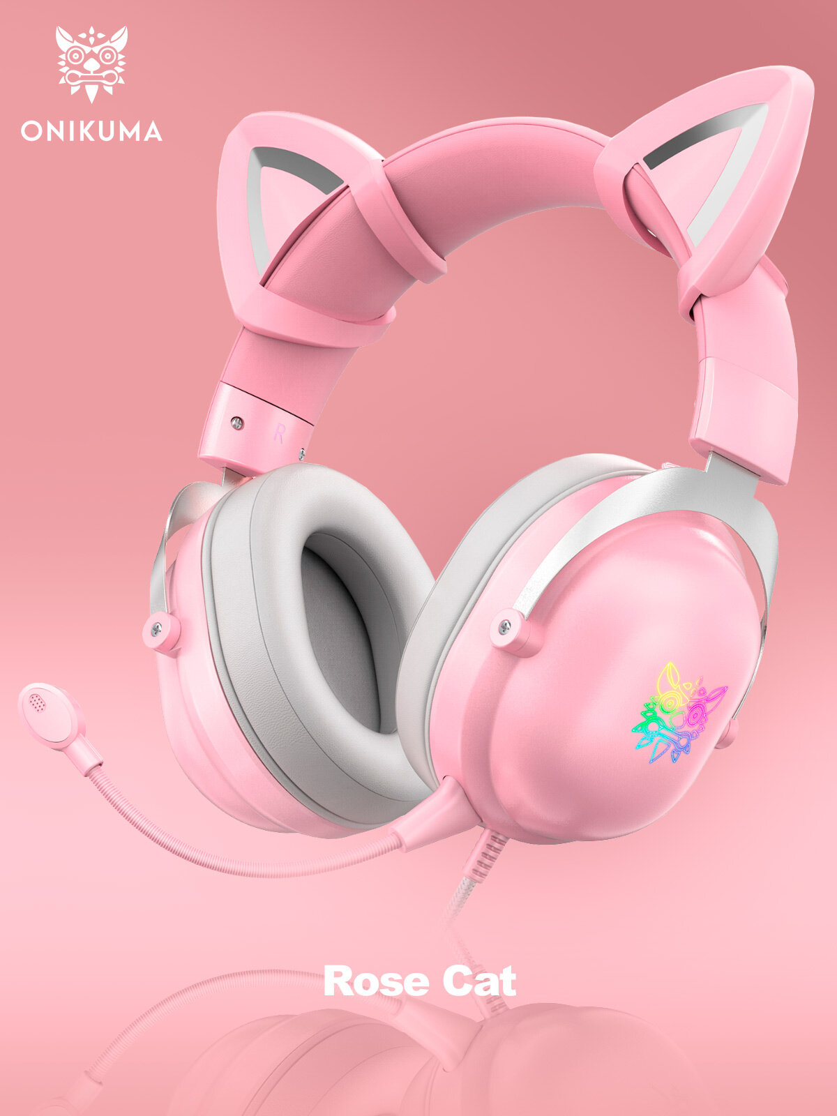 Наушники проводные Onikuma Rose Cat розовые с кошачьими ушками и подсветкой