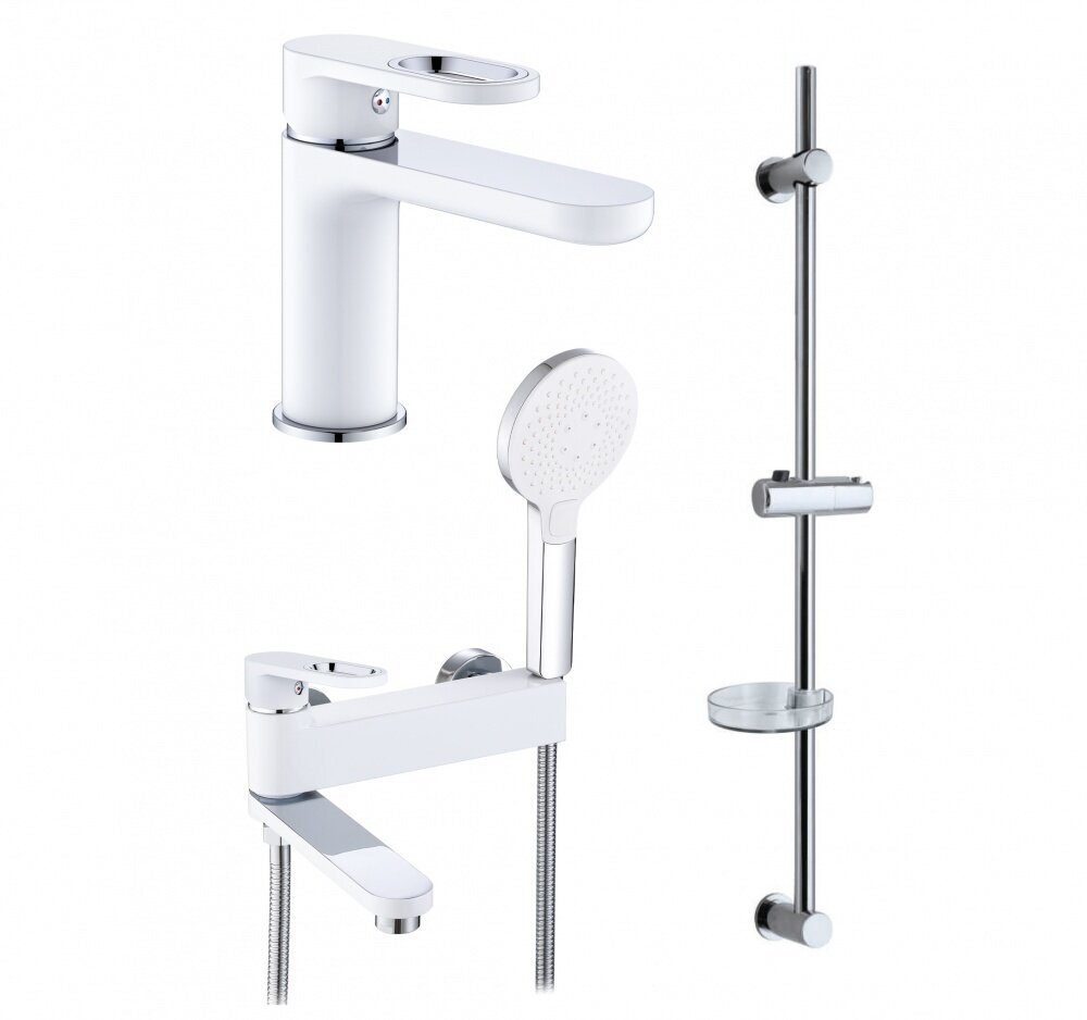 Душевой комплект 3 в 1 Hansen со смесителем для ванны, для умывальника и душевой стойкой с тропическим душем 90016F Белый