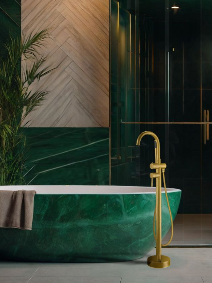 Смеситель для ванны с душем напольный, встраиваемый, латунь, матовое золото