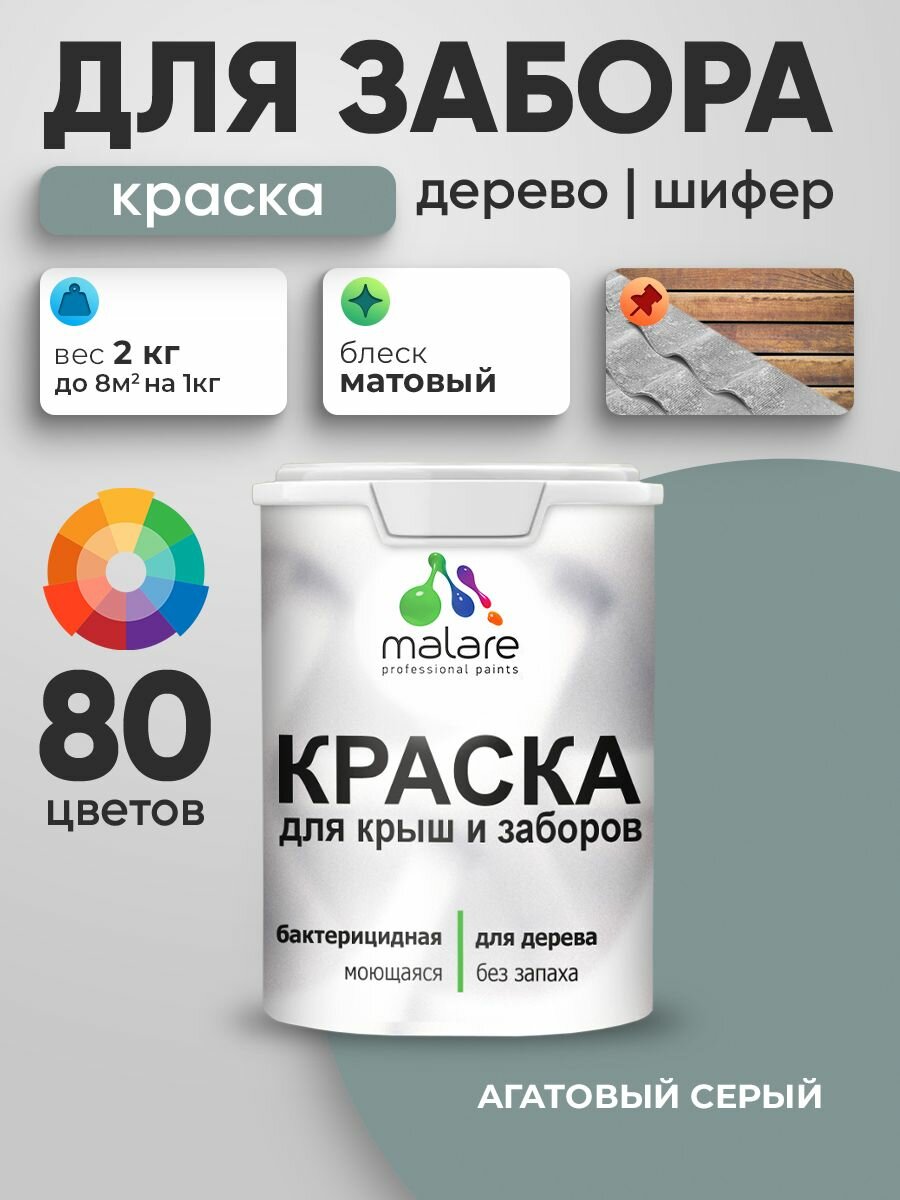 Акриловая краска Malare для деревянного забора/ по дереву для наружных и внутренних работ/ быстросохнущая моющаяся без запаха, матовая, агатовый серый, 2 кг.