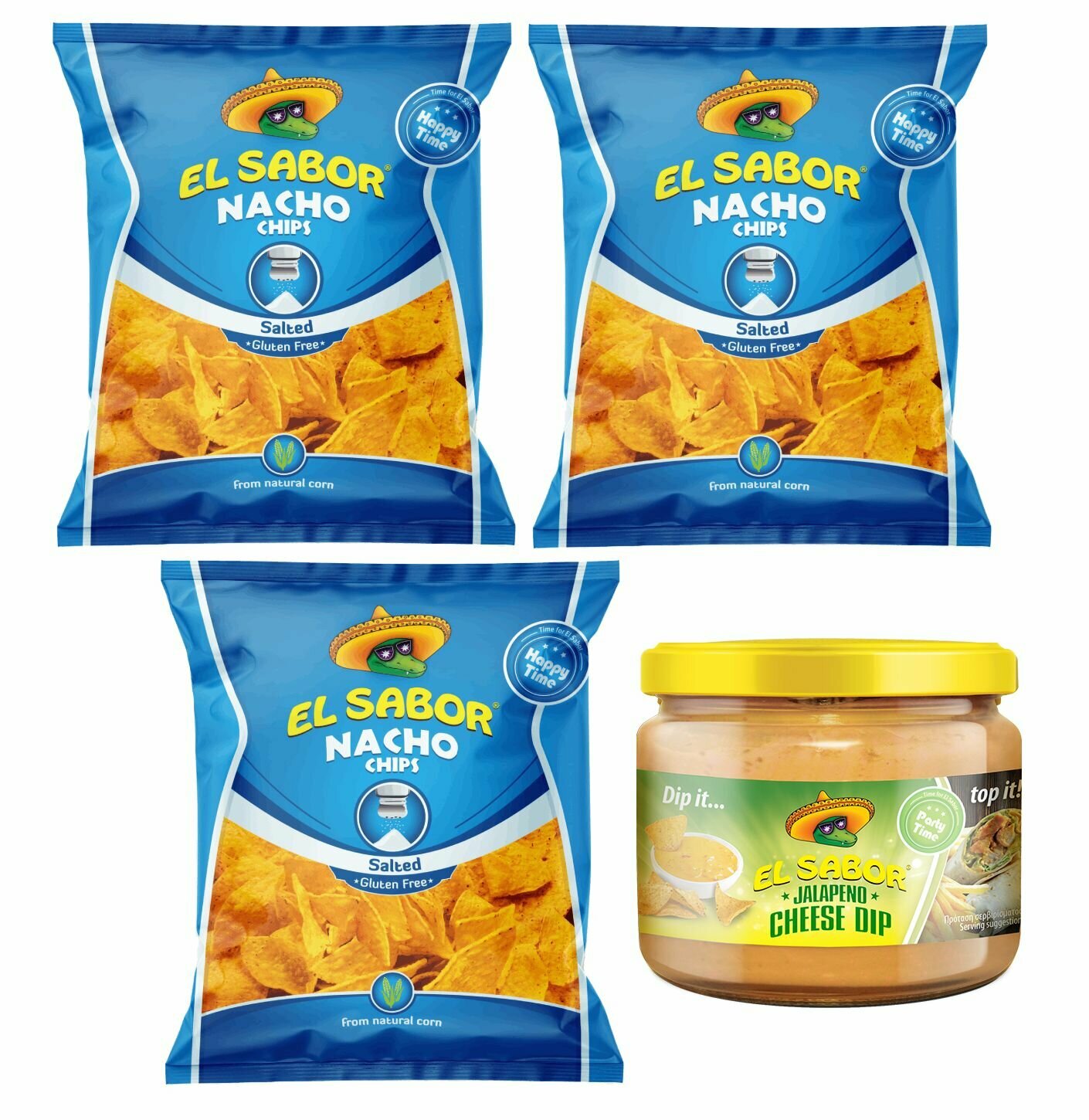 El Sabor чипсы Nachos соленые без глютена 3 шт по 100гр с соусом JALAPENO CHEESE DIP 300гр