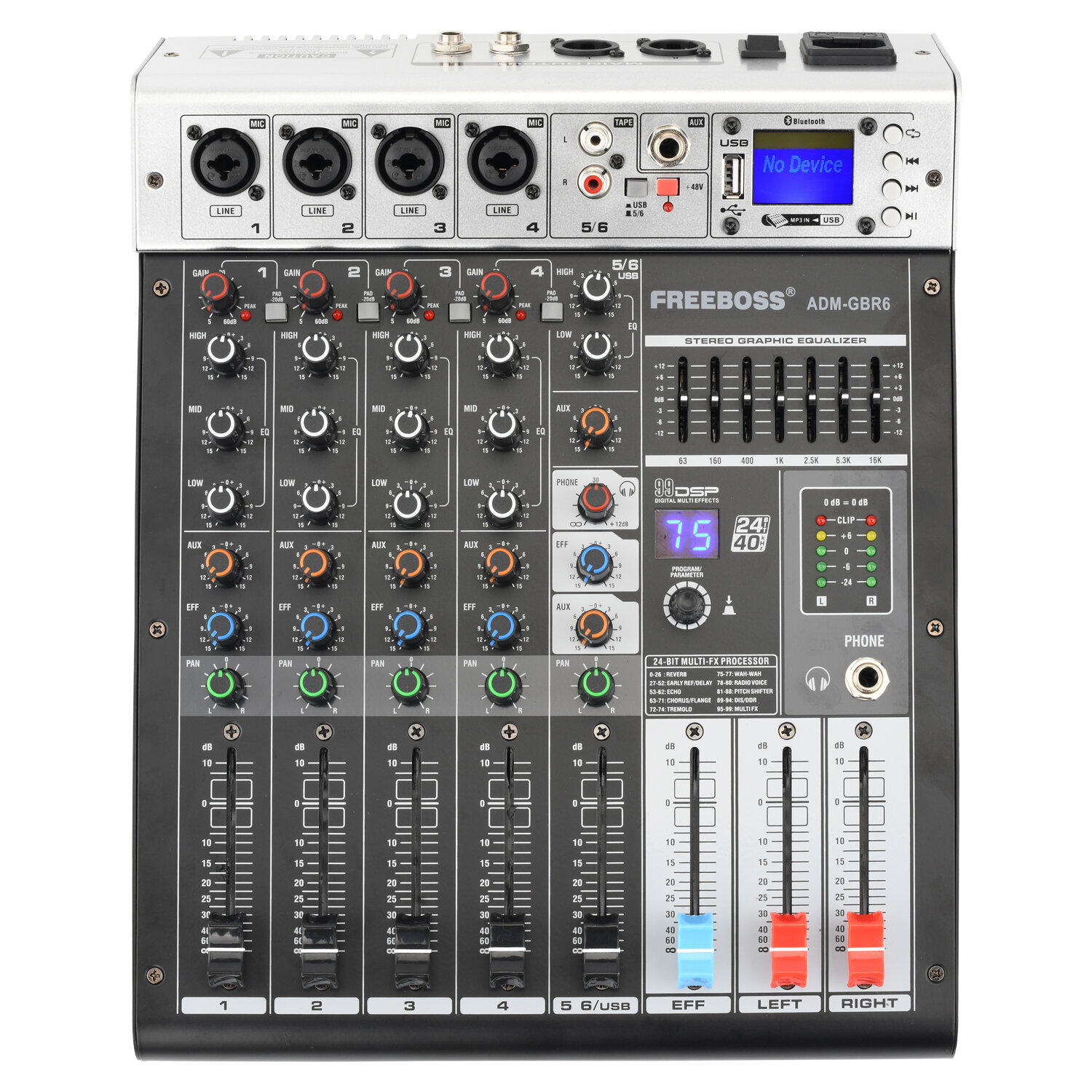 6-канальный Bluetooth-микшерный пульт аудио 48 В USB для записи на ПК, повтор эффектов 99 DSP ADM-GBR6