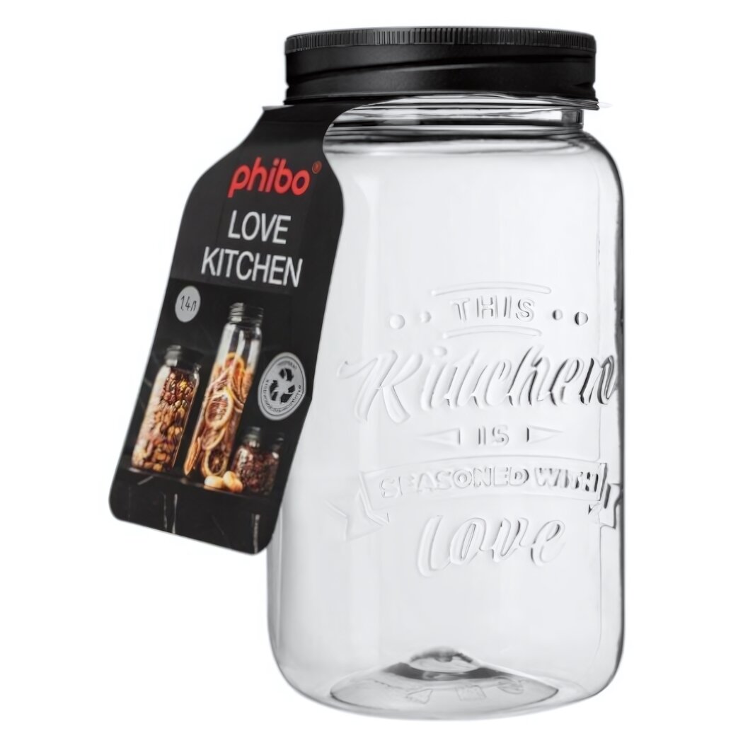 Банка квадратная 1,4л с тиснением 'Love Kitchen', черная, для хранения