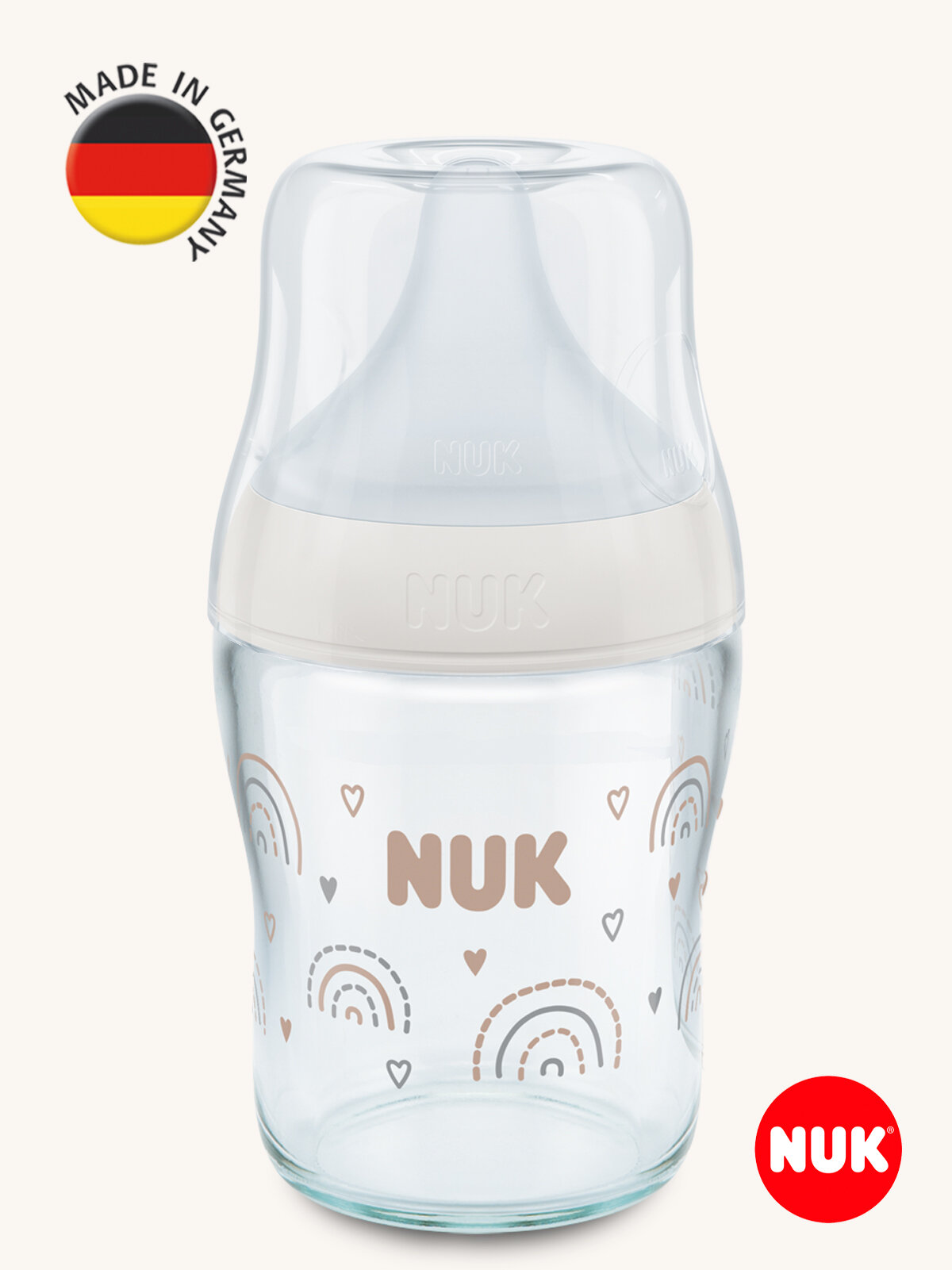 Бутылочка стеклянная с индикатором температура 120 мл с силиконовой соской с отверстием S 0+