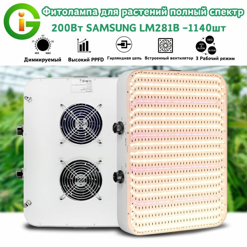 Фитолампа Samsung LM281B 200 вт, Лампа для растений полный спектр/квантум борд, Диммируемый, Можно соединить последовательно, С вентиляторным охлаждением, IP65 588leds