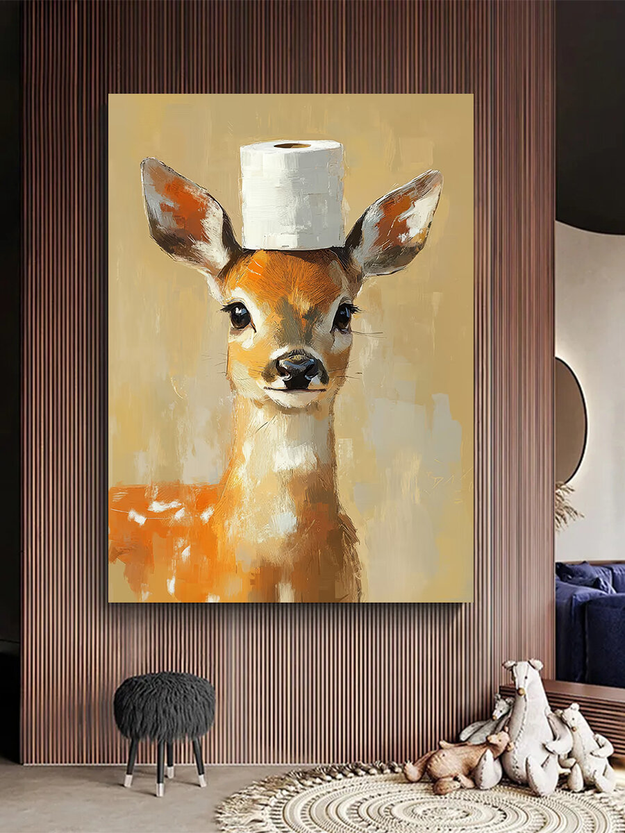 Картина на стену для интерьера - "Олененок в туалете. Животные в туалете и ванной комнате" , 20х30 см.