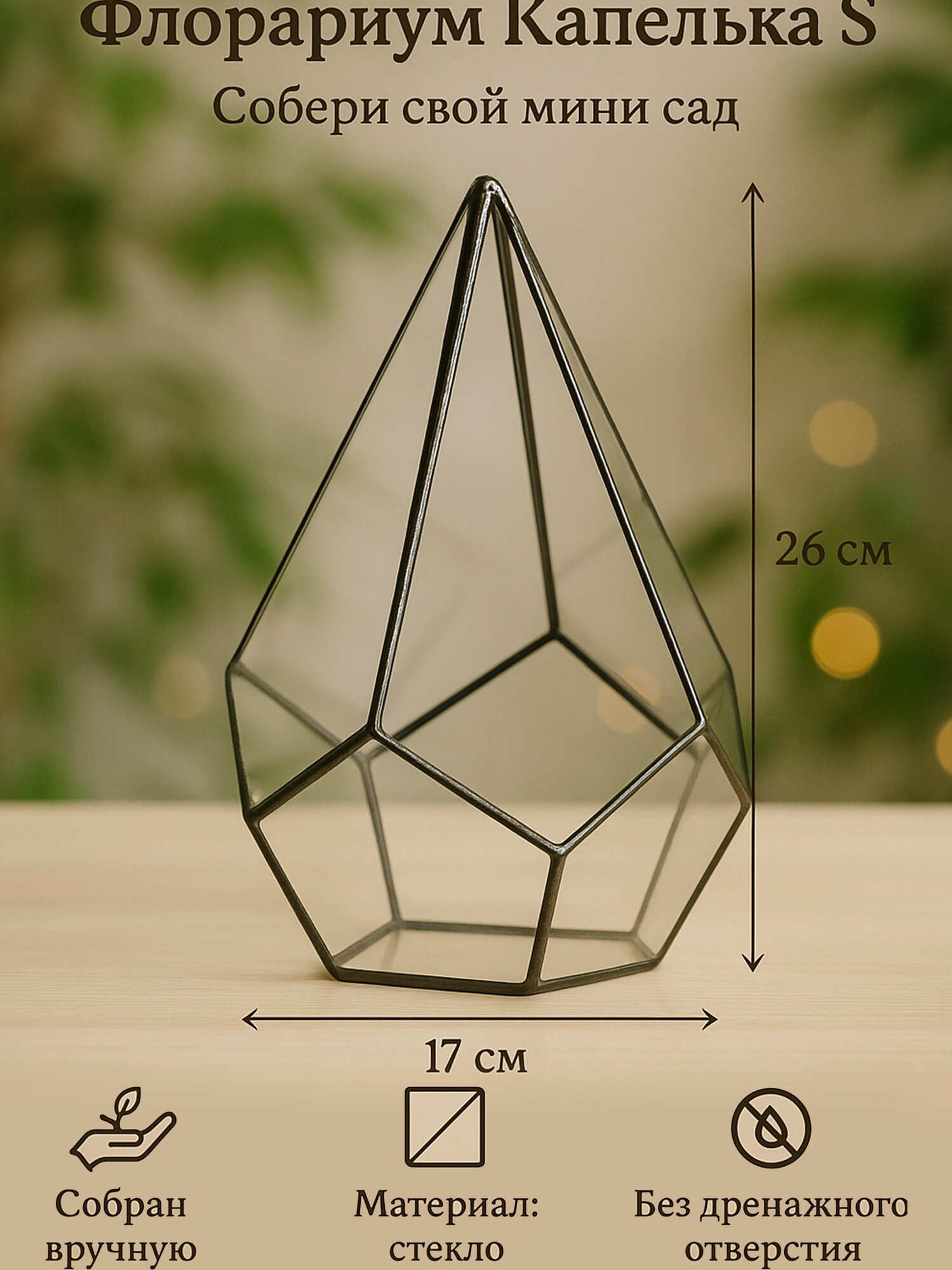 Флорариум, стеклянная ваза, Капелька S (Small, маленькая)