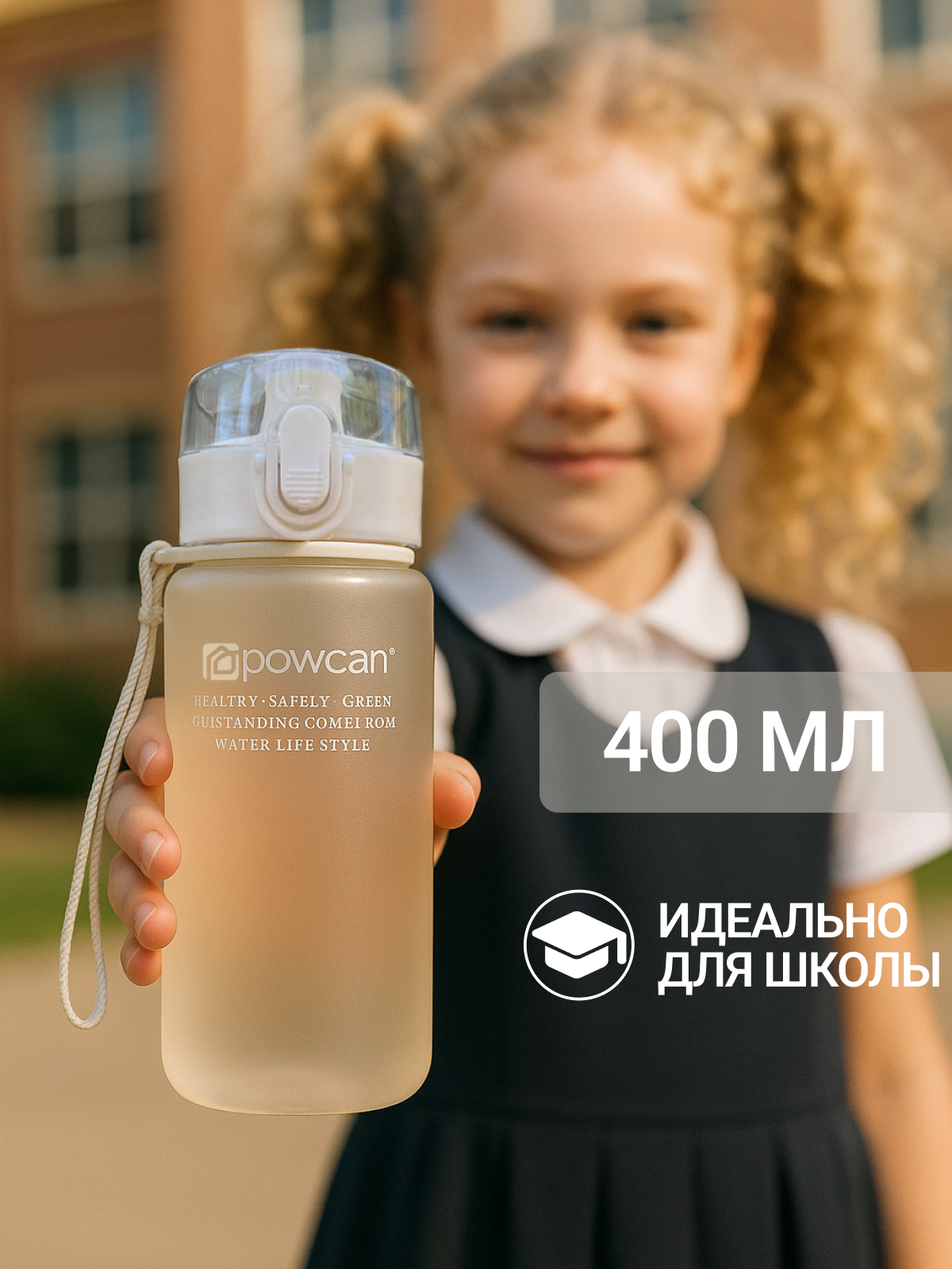 Бутылка для воды детская в школу POWCAN спортивная - белая, 400 мл, матовая, герметичная